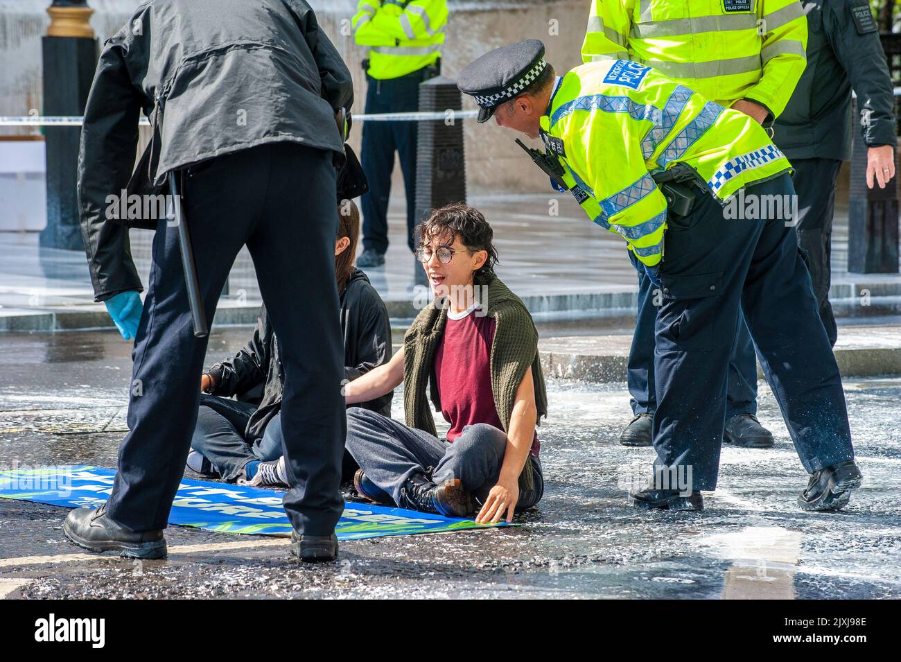 London, UK. 7th Sep, 2022. Animal Rebellion fake milk protest outside ...