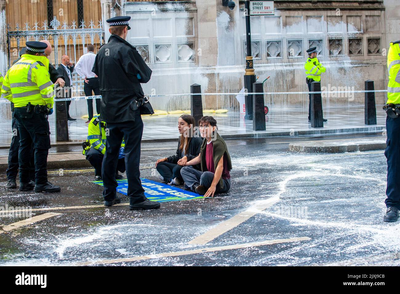 London, UK. 7th Sep, 2022. Animal Rebellion fake milk protest outside ...