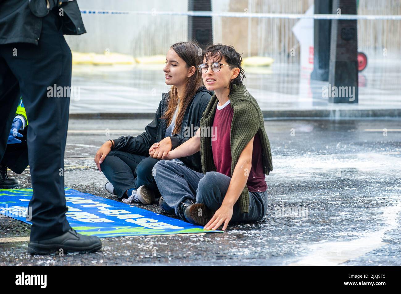 London, UK. 7th Sep, 2022. Animal Rebellion fake milk protest outside ...