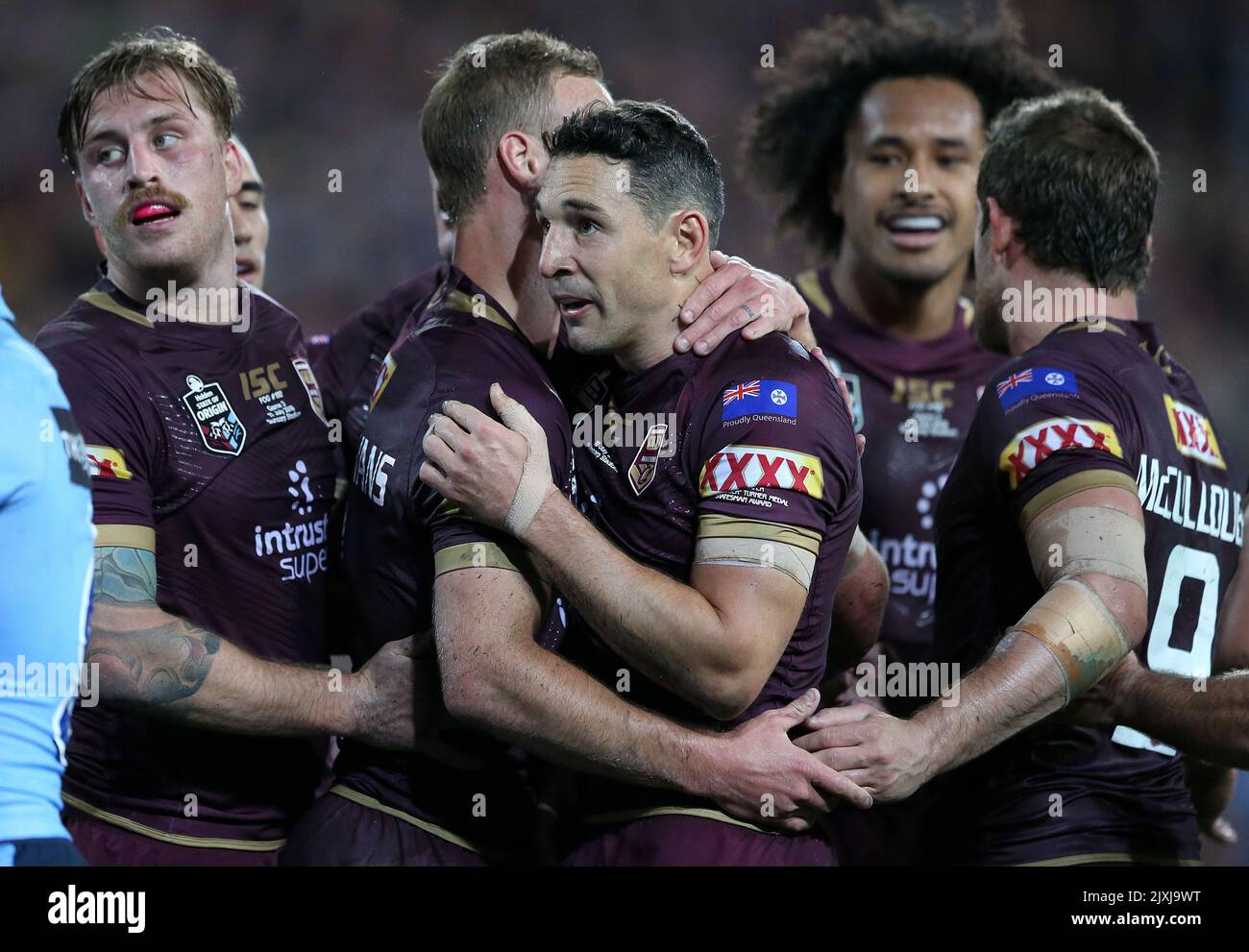 Billy Slater of the Maroons (centre) looks on during Game 3 of the 2018 ...