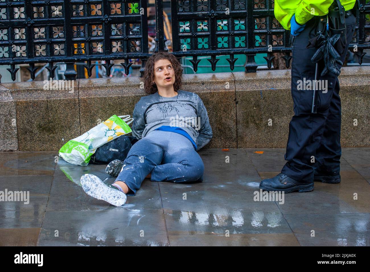 London, UK. 7th Sep, 2022. Animal Rebellion fake milk protest outside ...