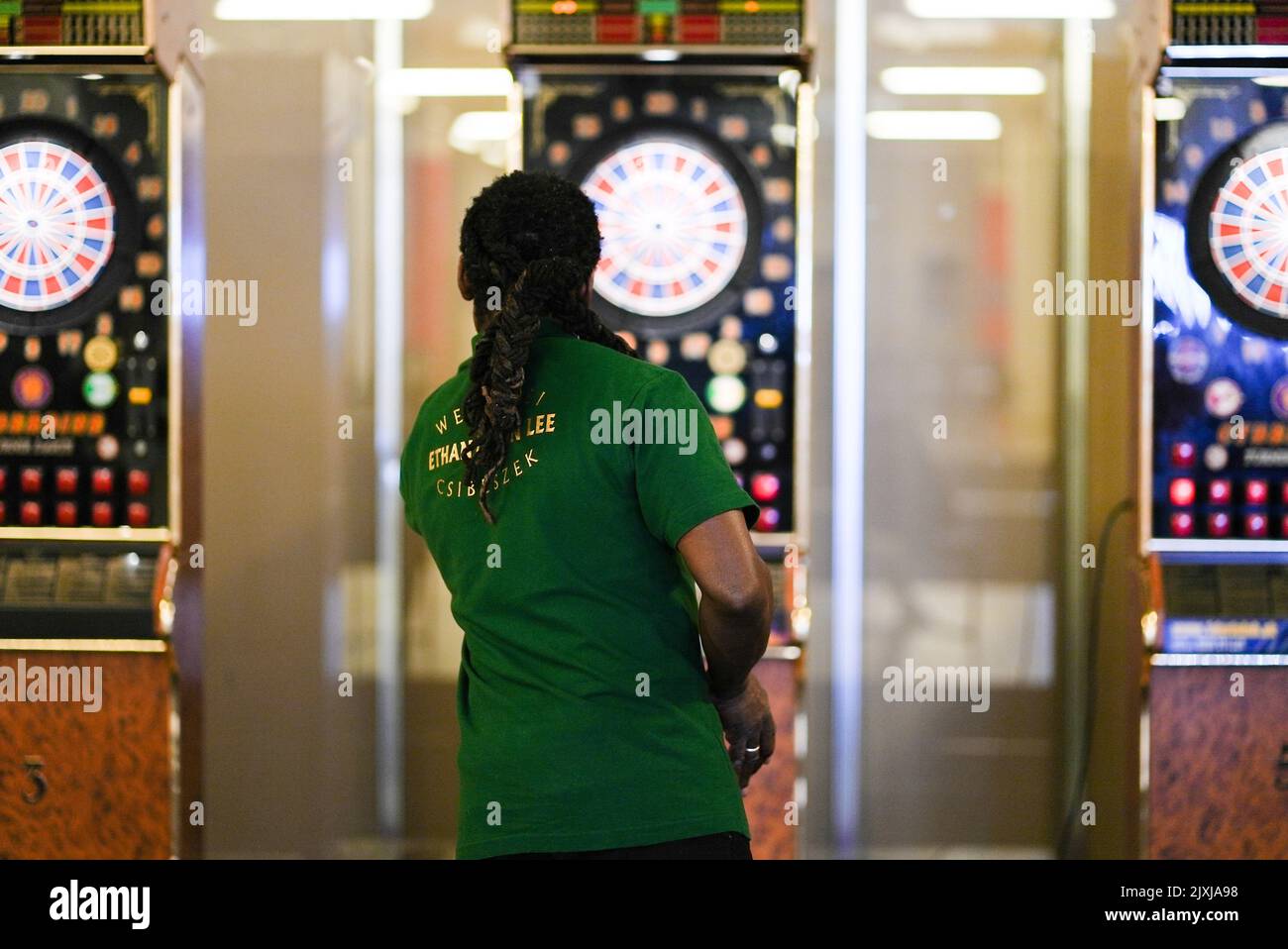 Behind a darts player playing on a pub darts machine Stock Photo - Alamy