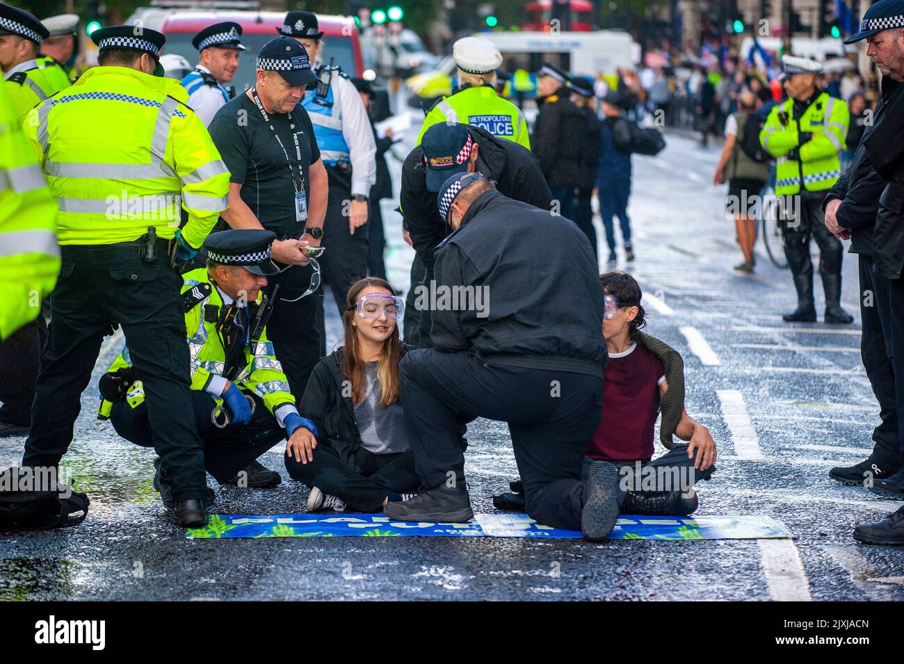 London, UK. 7th Sep, 2022. Animal Rebellion fake milk protest outside ...