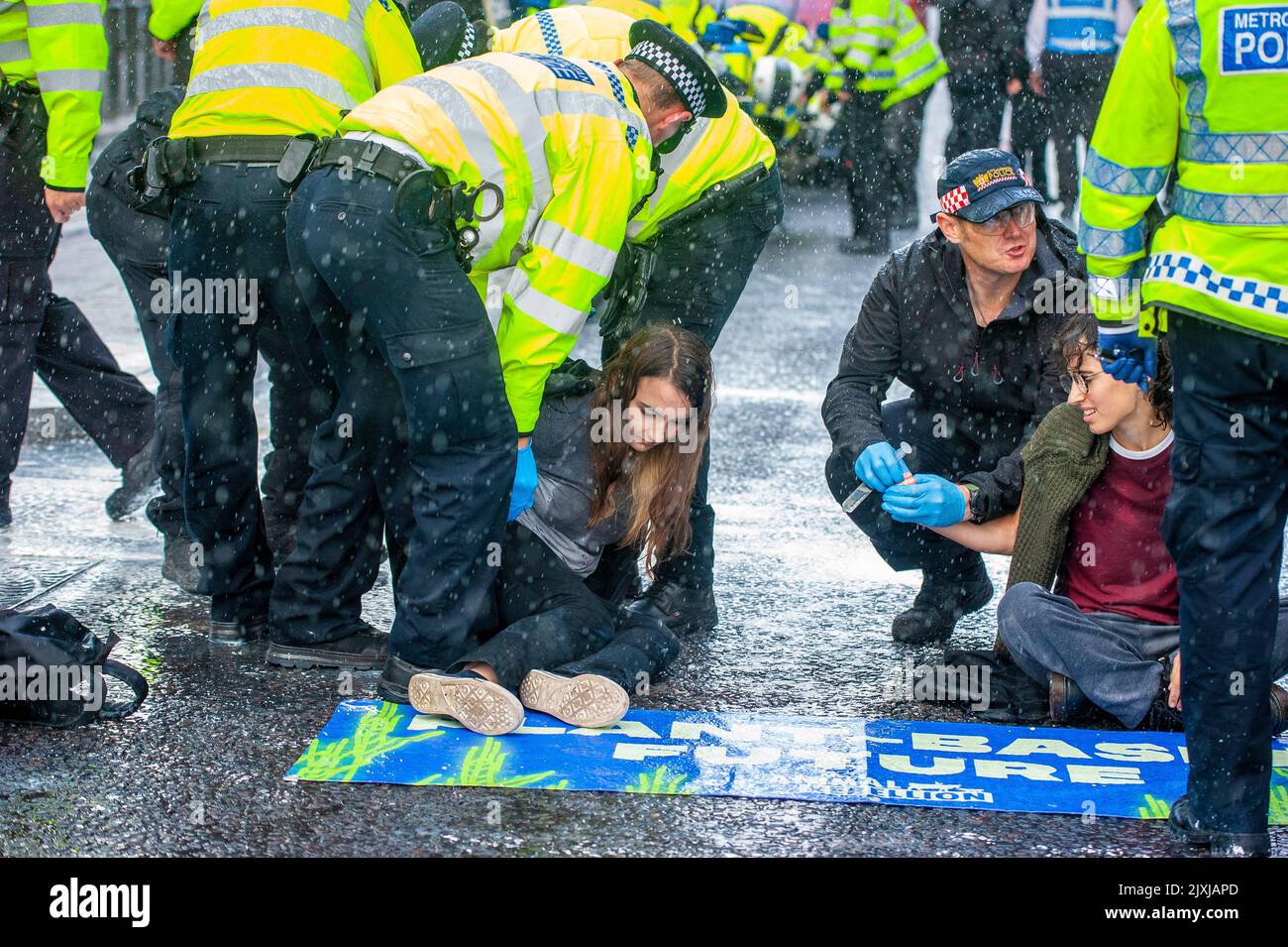 London, UK. 7th Sep, 2022. Animal Rebellion fake milk protest outside ...
