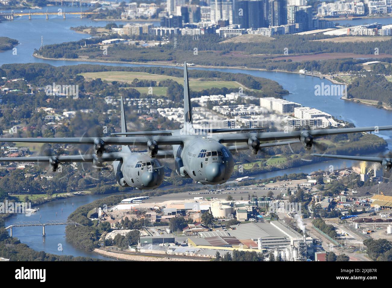 Royal Australian Air Force C-130J Hercules aircraft are seen during a ...
