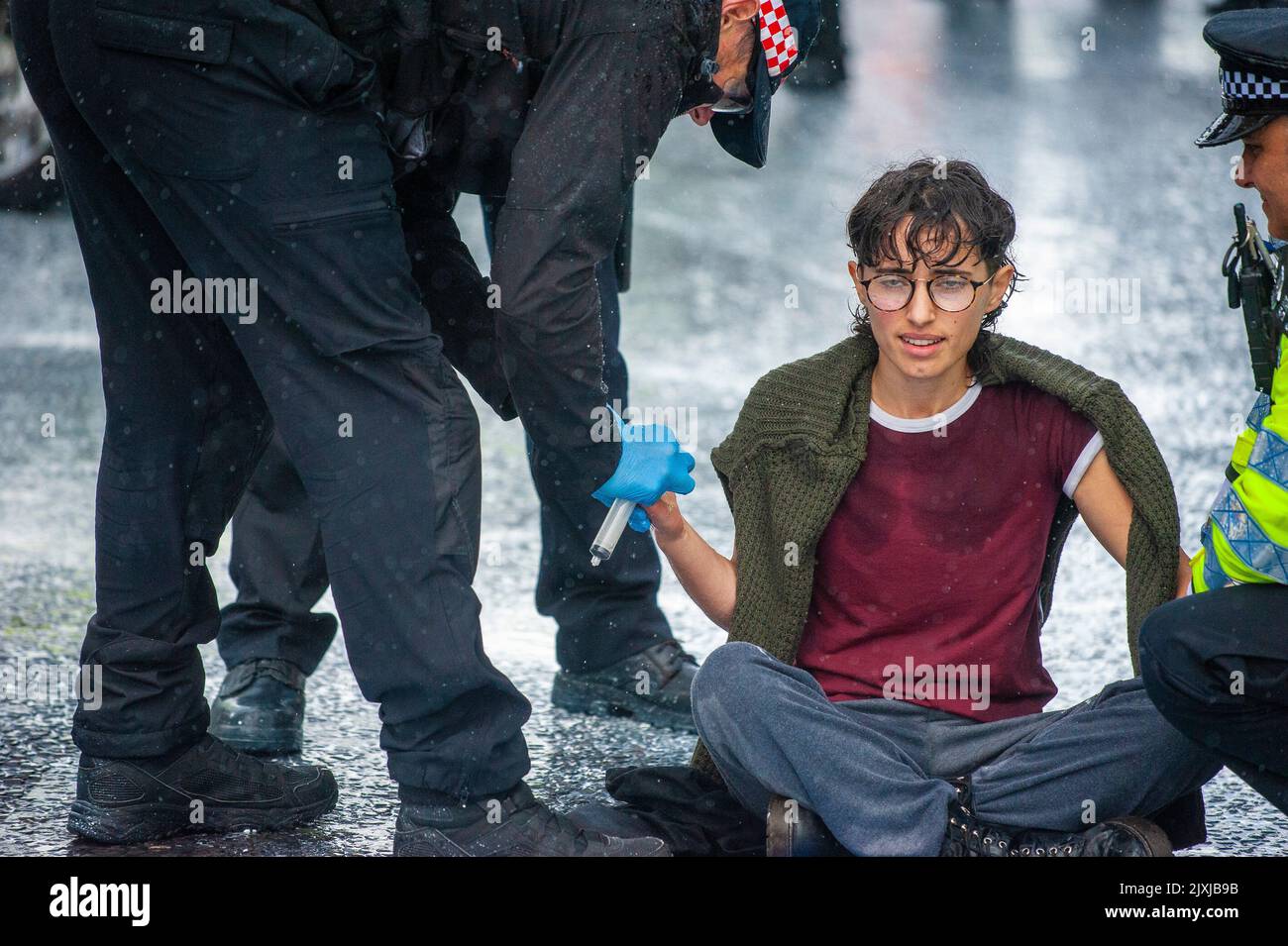 London, UK. 7th Sep, 2022. Animal Rebellion fake milk protest outside ...