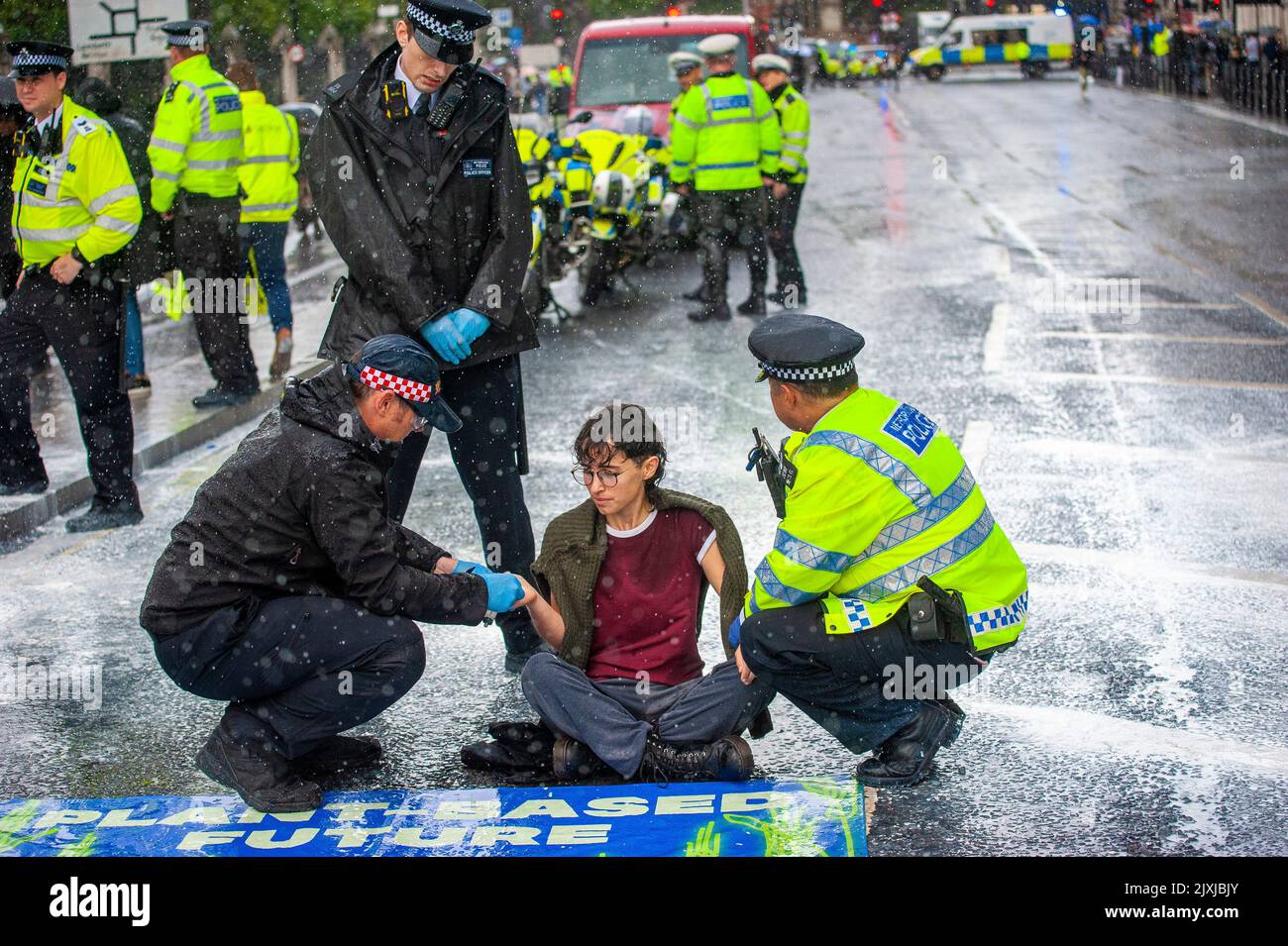 London, UK. 7th Sep, 2022. Animal Rebellion fake milk protest outside ...