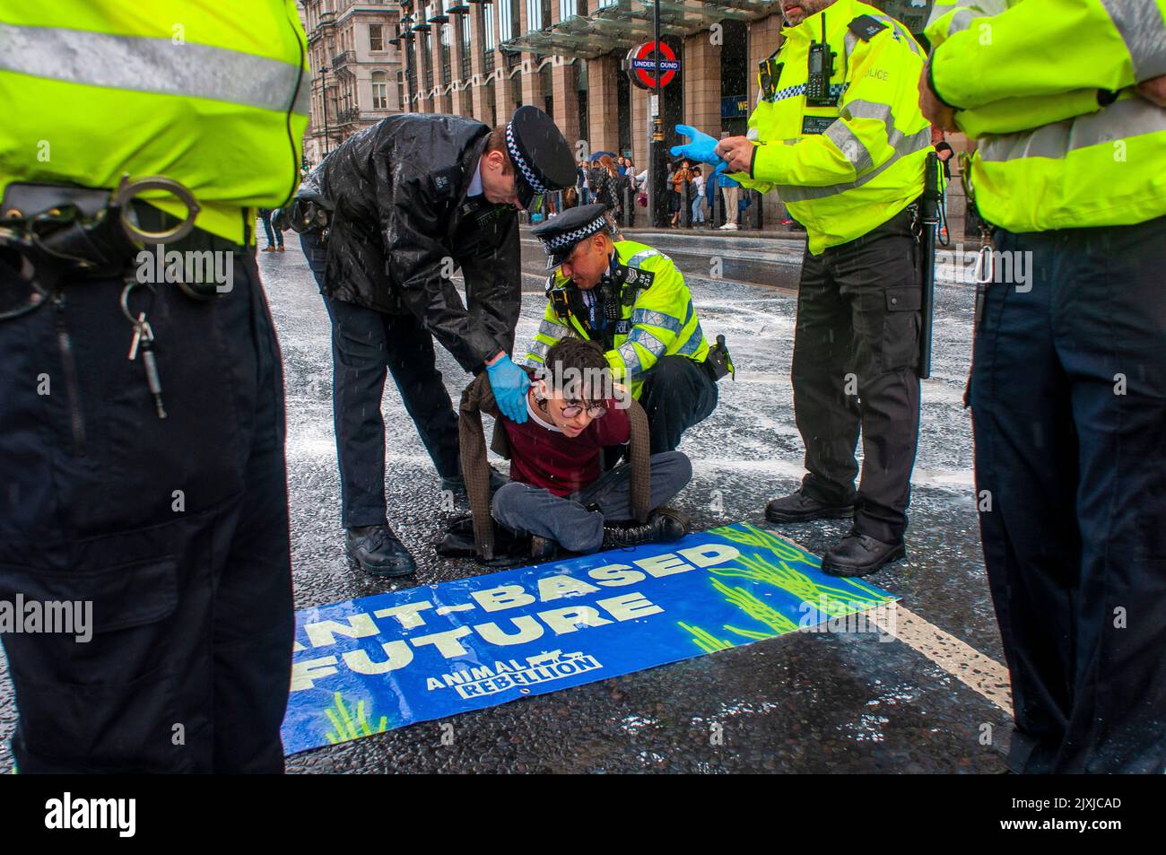 London, UK. 7th Sep, 2022. Animal Rebellion fake milk protest outside ...
