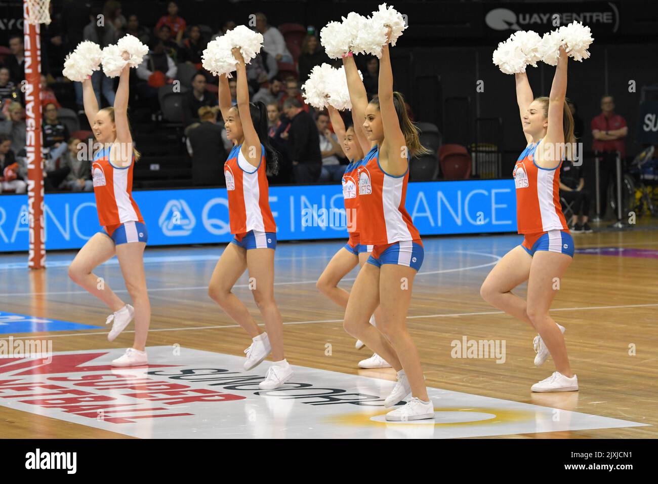 Swifts Cheerleeders warm up the crowd before the Round 11 Super Netball ...