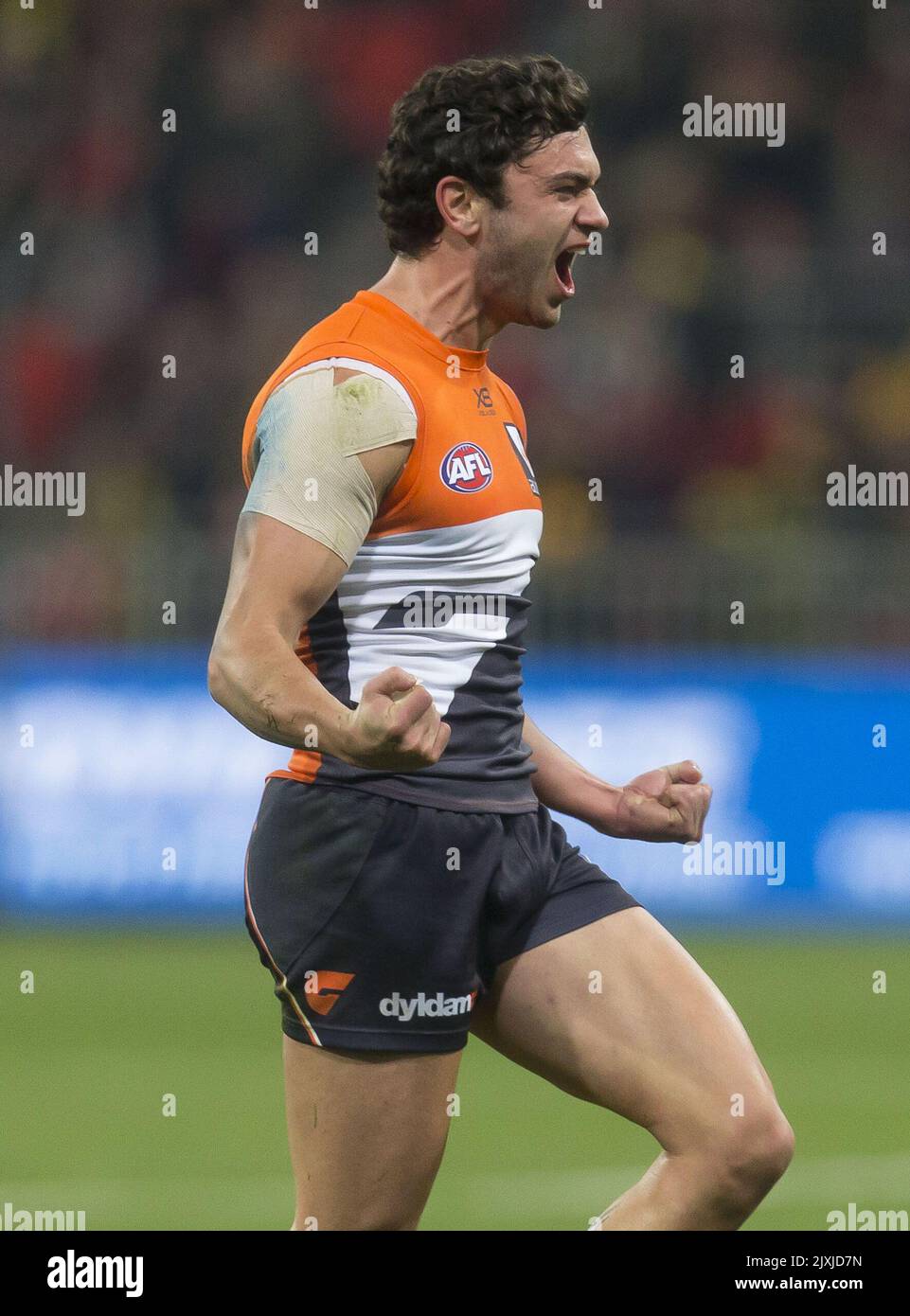 Tim Taranto of the Giants celebrates at full time of the Round 17 AFL ...