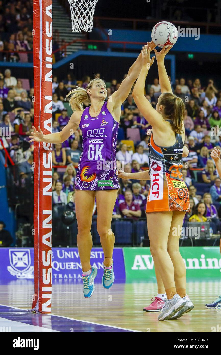 Laura Geitz (left) of the Firebirds defends against Susan Pettitt of ...