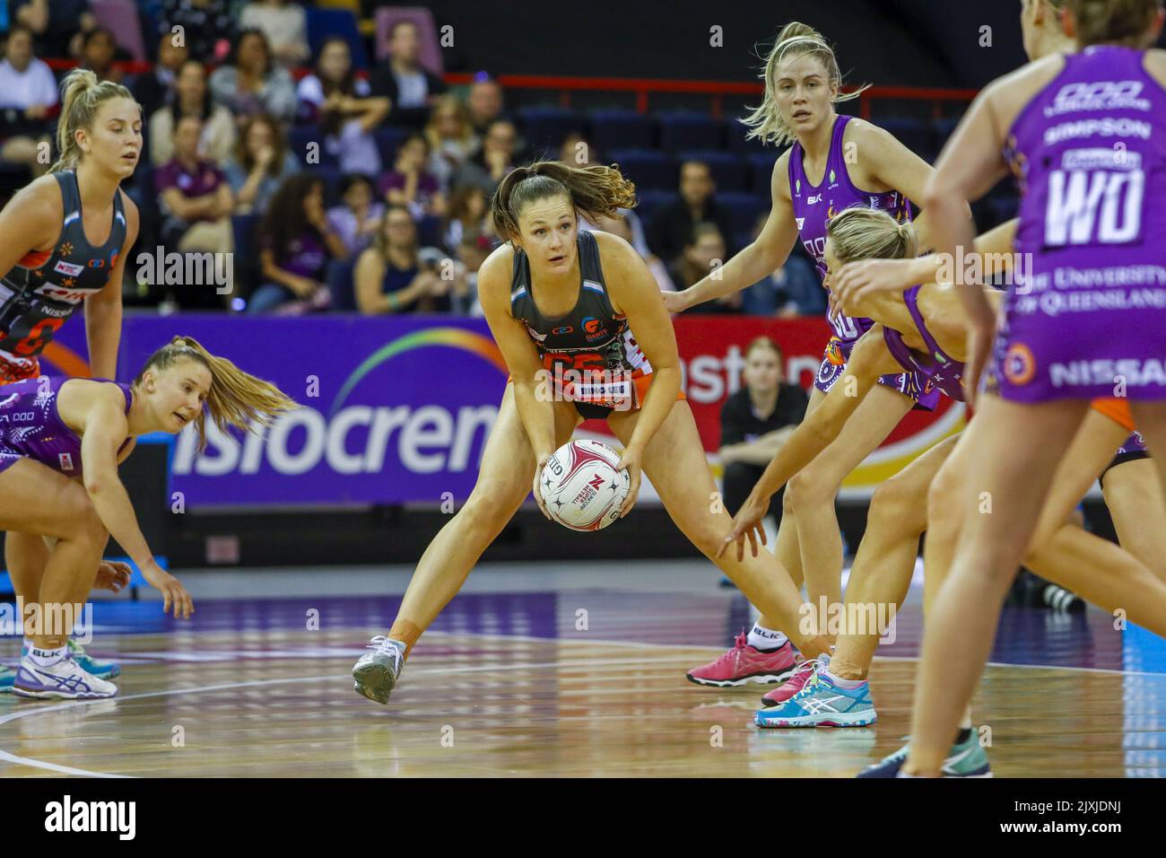 Susan Pettitt of the Giants with the ball during the Round 11 Super ...
