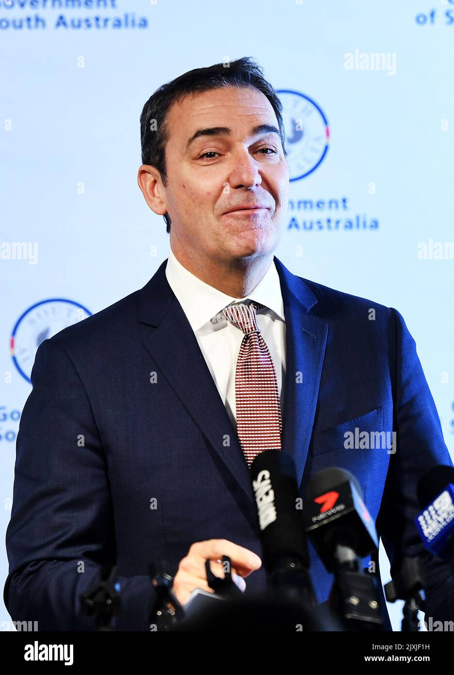 South Australian Premier Steven Marshall speaks to media at his press ...
