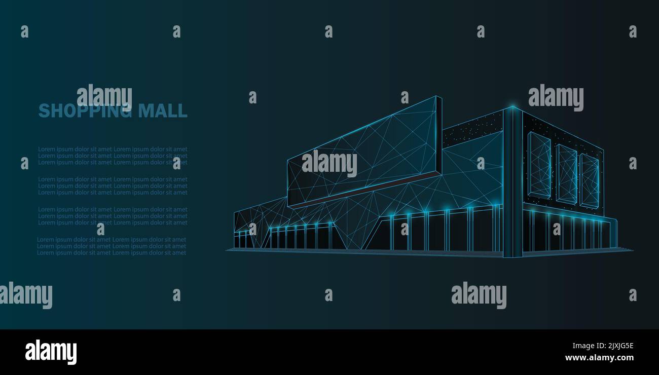 Shopping mall or supermarket modern building in low poly wireframe ...