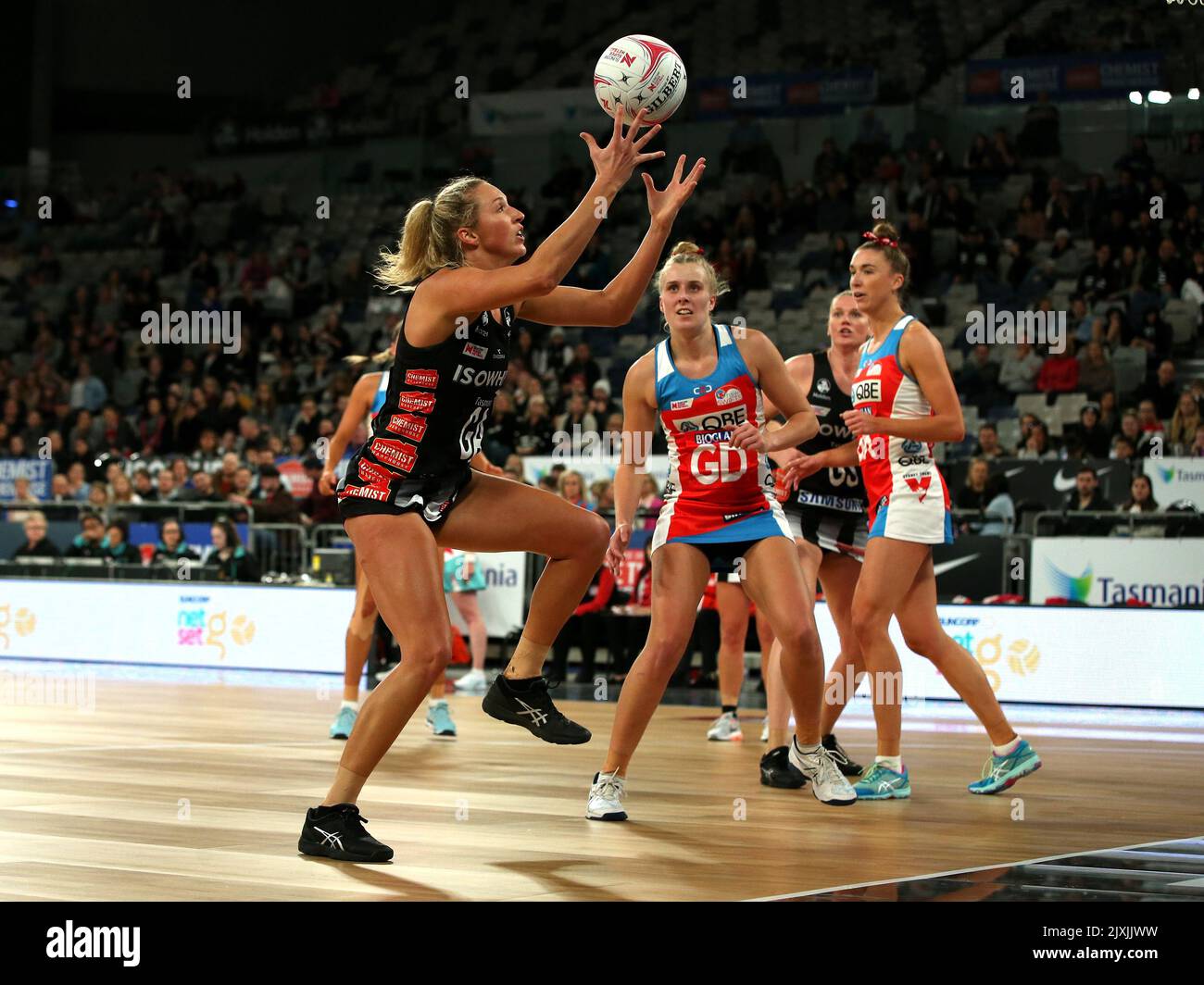 Erin Bell of the Magpies receives a pass during the Round 12 Super ...