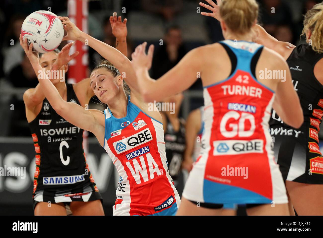 Paige Hadley of the Swifts receives a pass during the Round 12 Super ...
