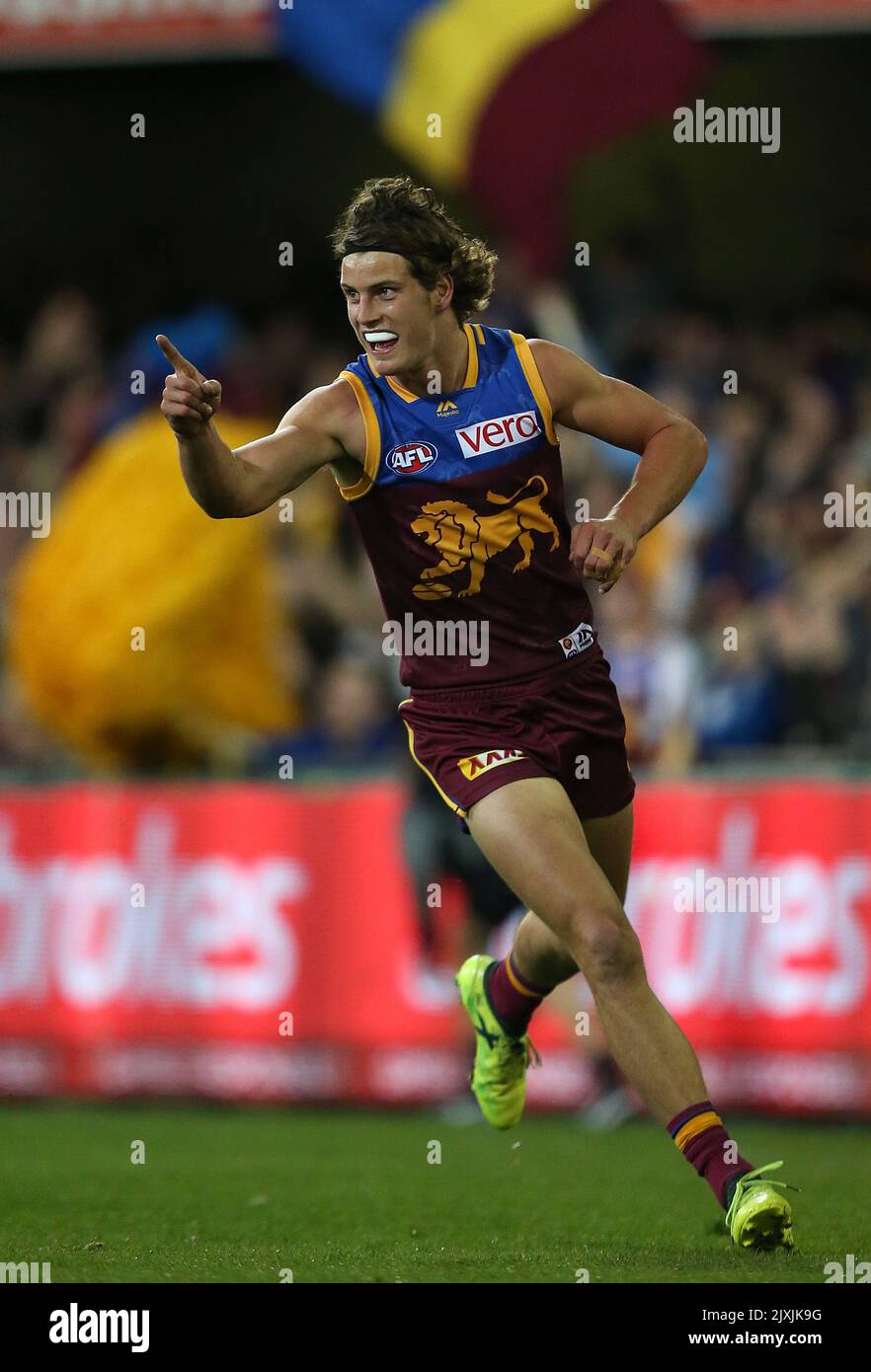 Jarrod Berry of the Lions celebrates his goal during the Round 18 AFL ...