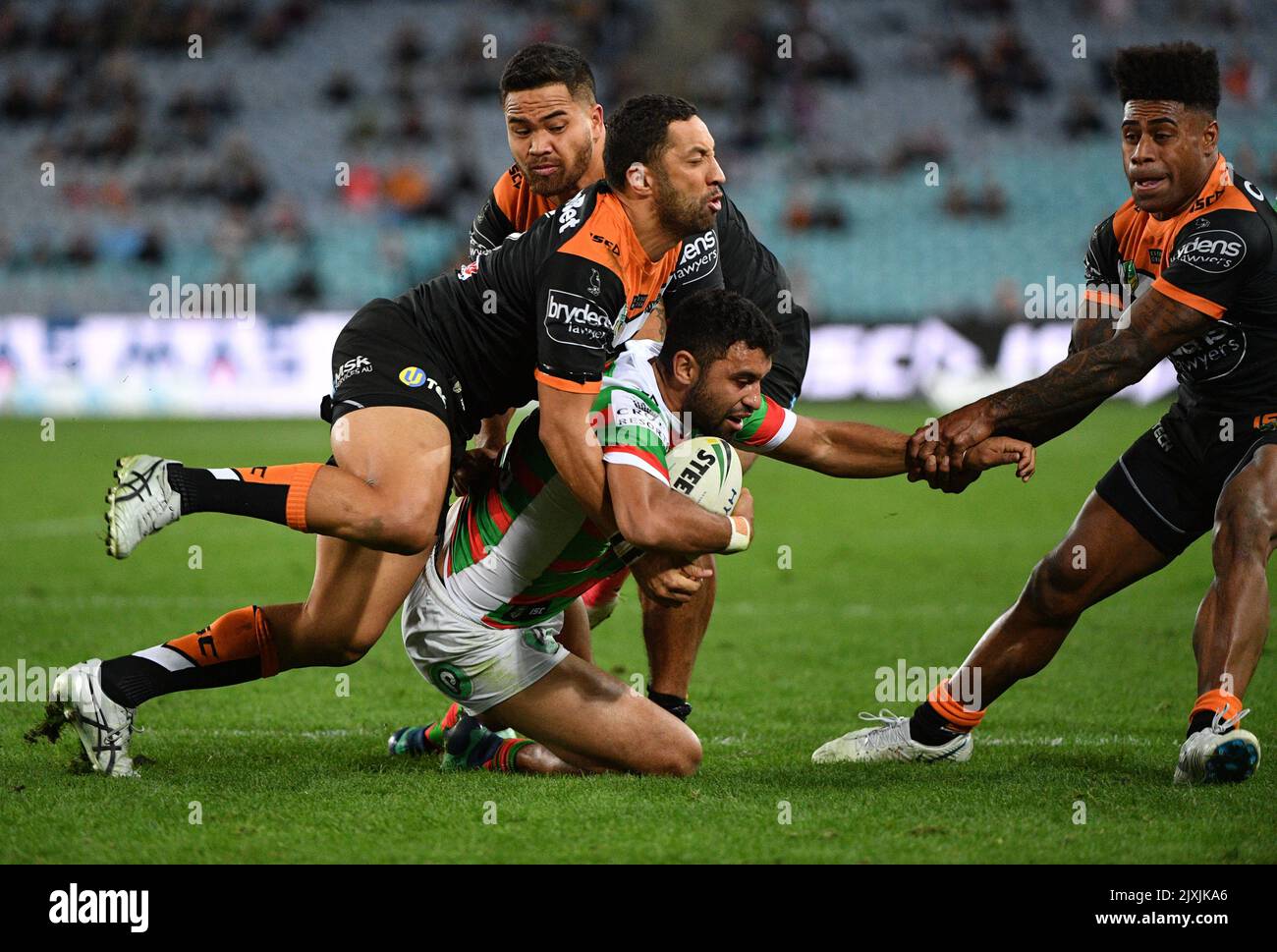 Rabbitohs' Alexander Johnston is tackled during the Round 19 NRL match ...