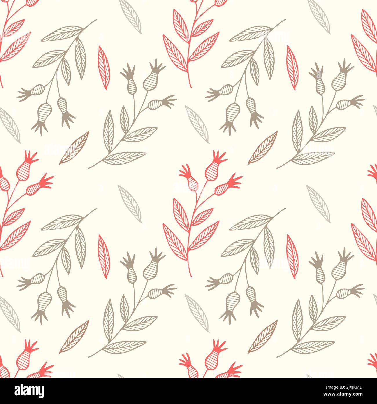 Rosehip pattern branch with fruits berries and leaves hand drawn doodle ...