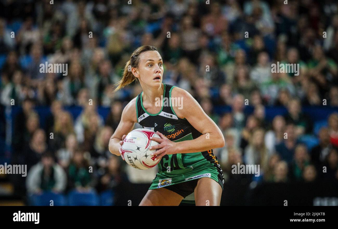 Natalie Medhurst of the West Coast Fever during the Round 12 Super ...