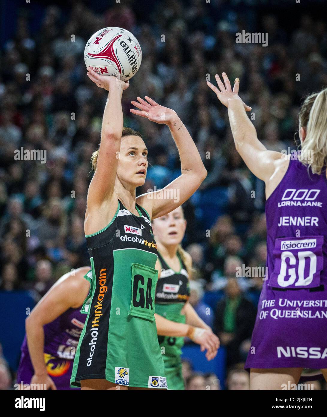 Natalie Medhurst of the West Coast Fever during the Round 12 Super ...