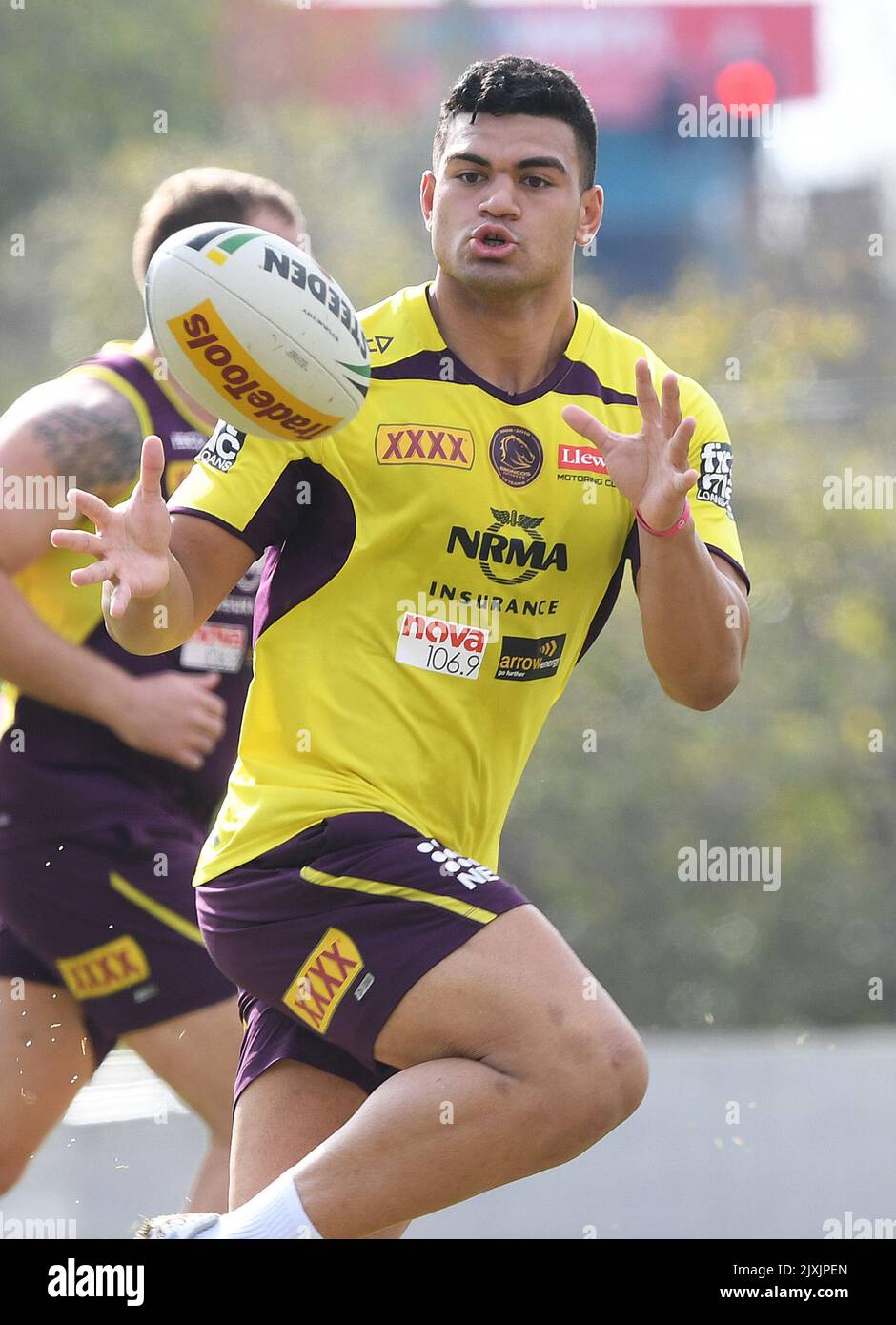 David Fafita receives the ball during the Brisbane Broncos training ...