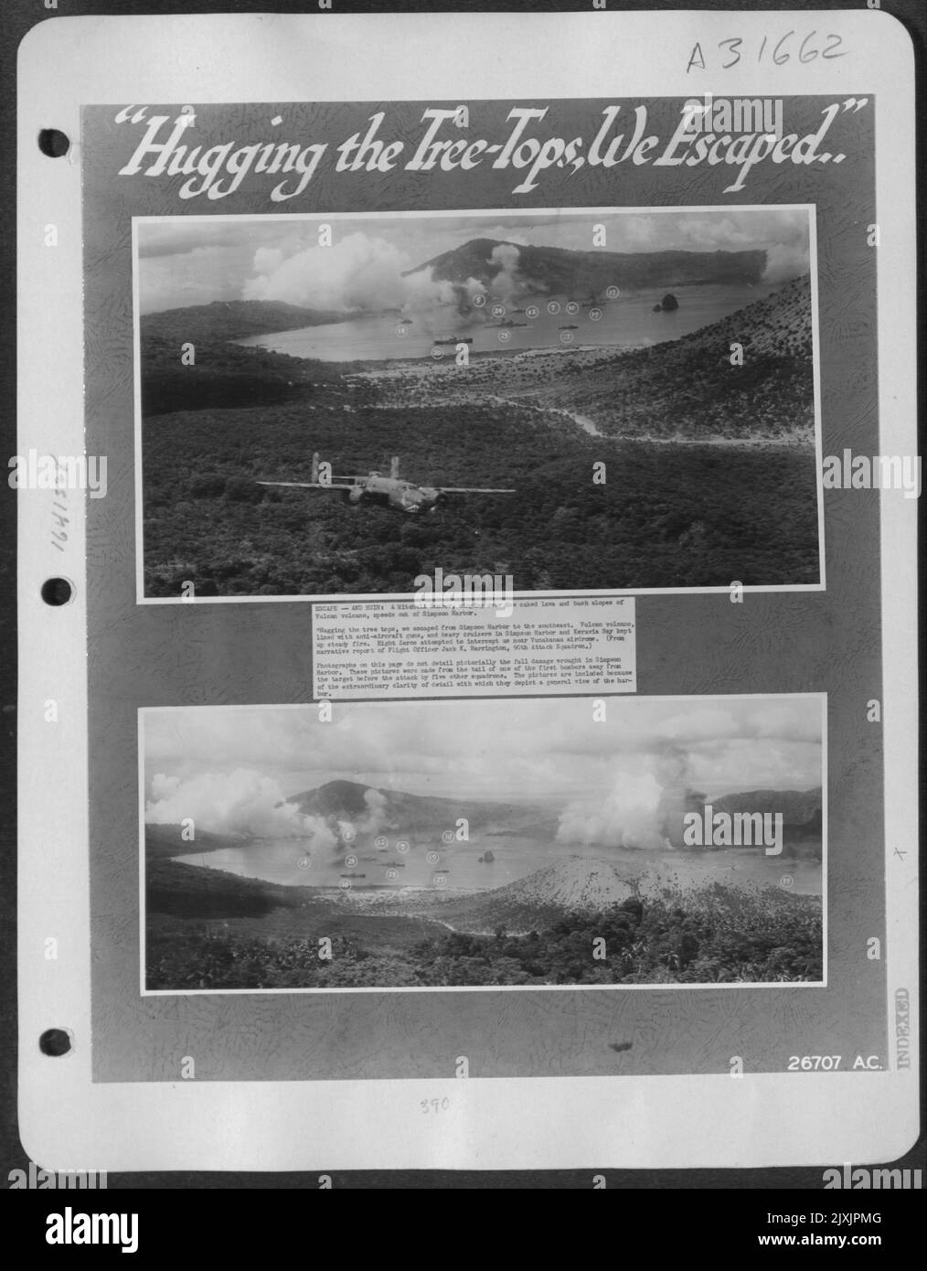 ESCAPE-AND RUIN: A Mitchell bomber, winging over the caked lava and ...