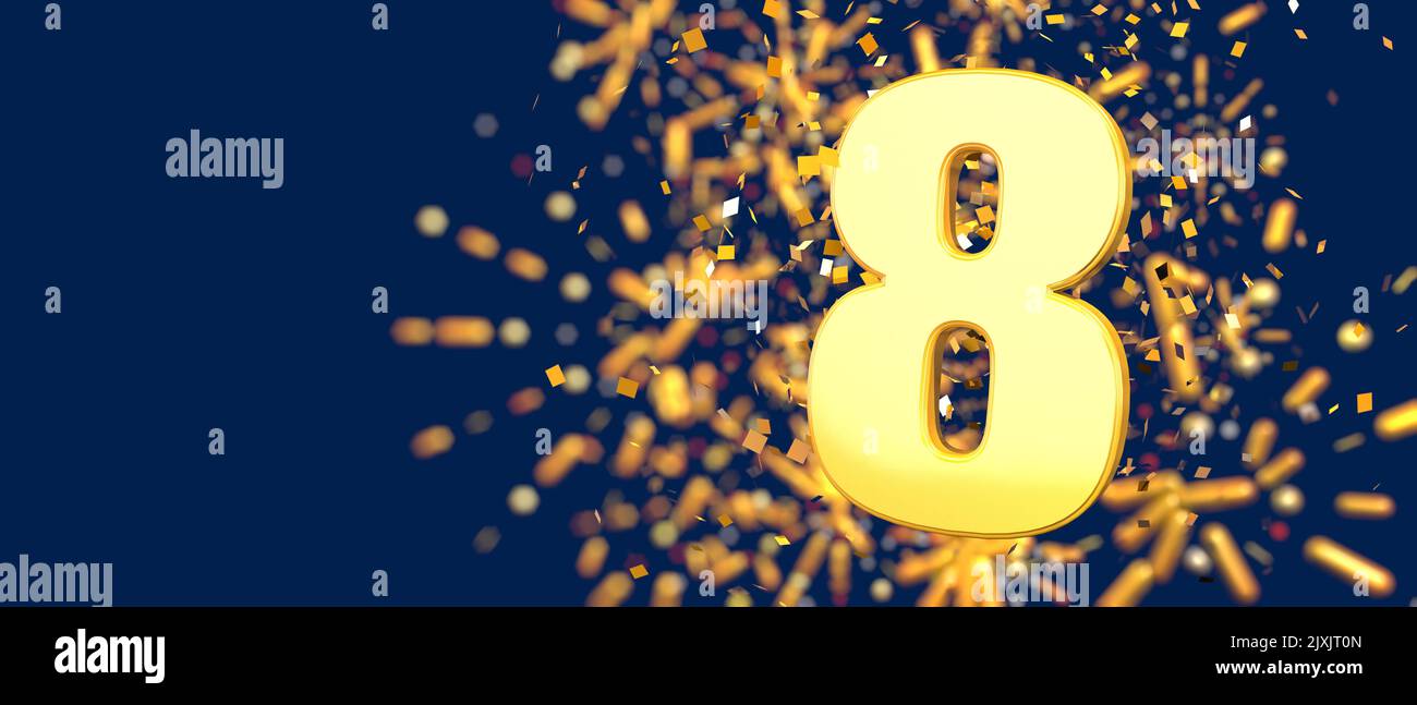 Gold number 8 in the foreground with gold confetti falling and ...