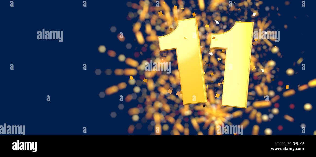 Gold number 11 in the foreground with gold confetti falling and ...