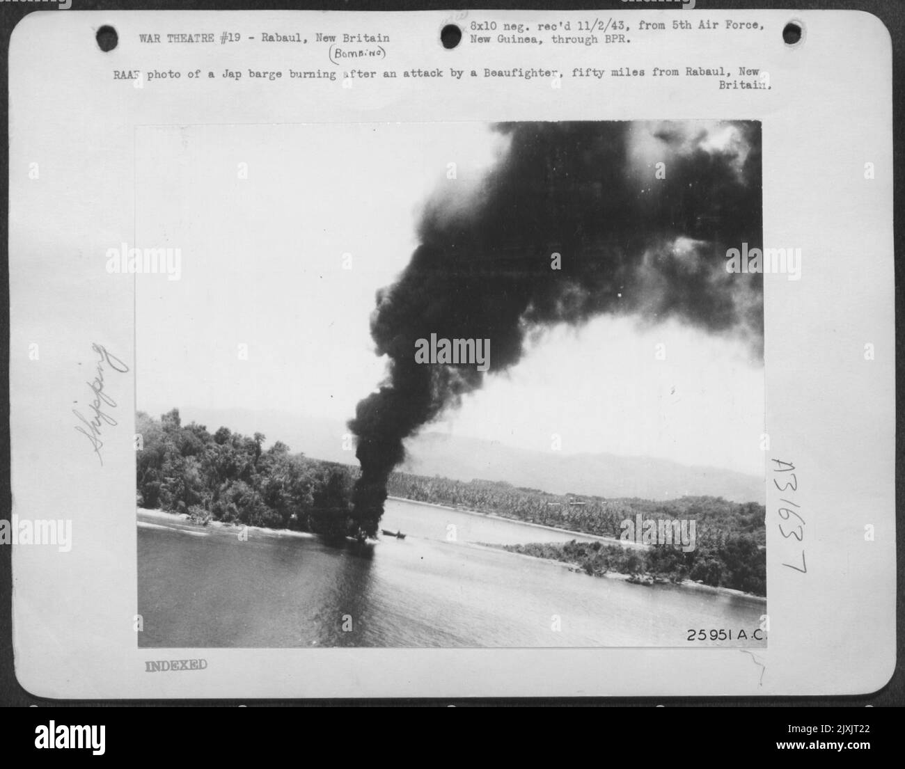 RAAF photo of a Japanese barge burning after an attack by a Beaufighter ...