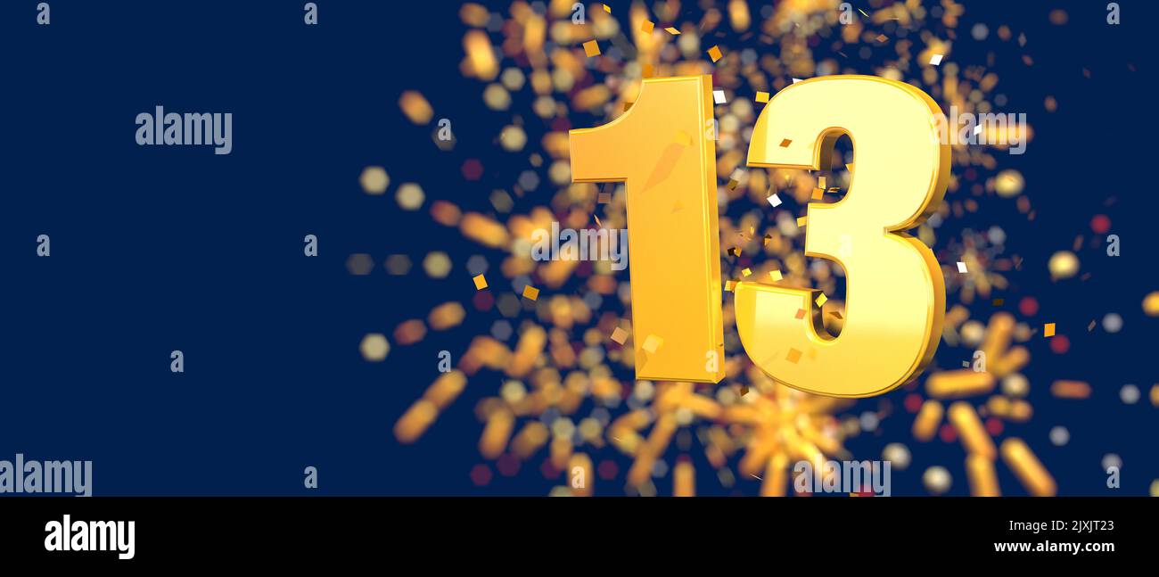 Gold number 13 in the foreground with gold confetti falling and ...