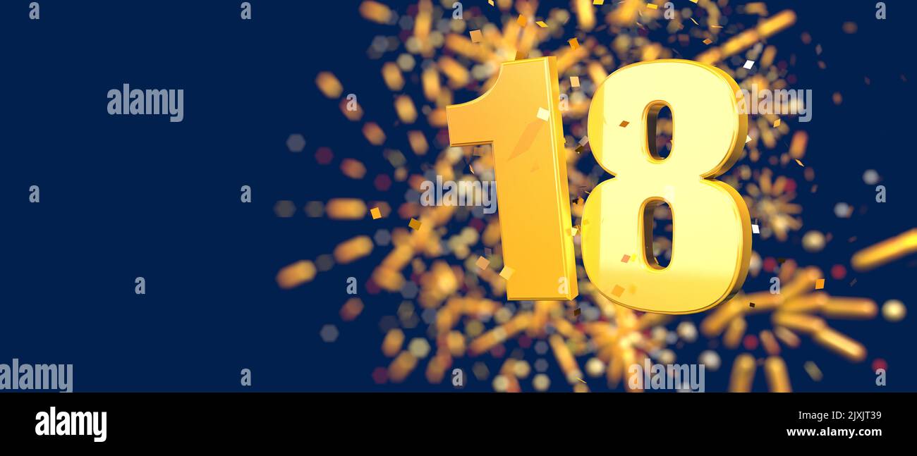 Gold number 18 in the foreground with gold confetti falling and ...