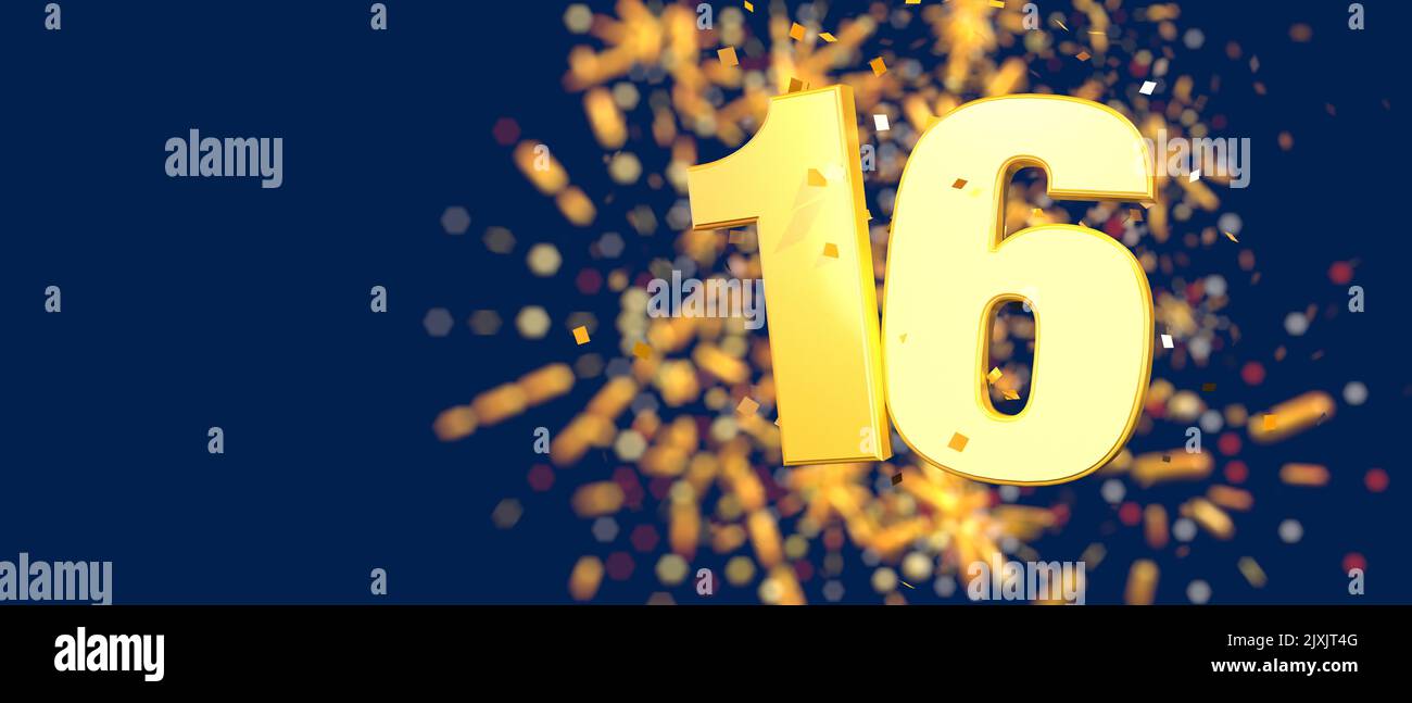 Gold number 16 in the foreground with gold confetti falling and ...