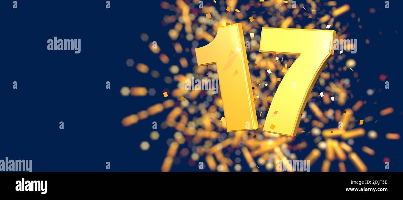 Gold number 17 in the foreground with gold confetti falling and ...