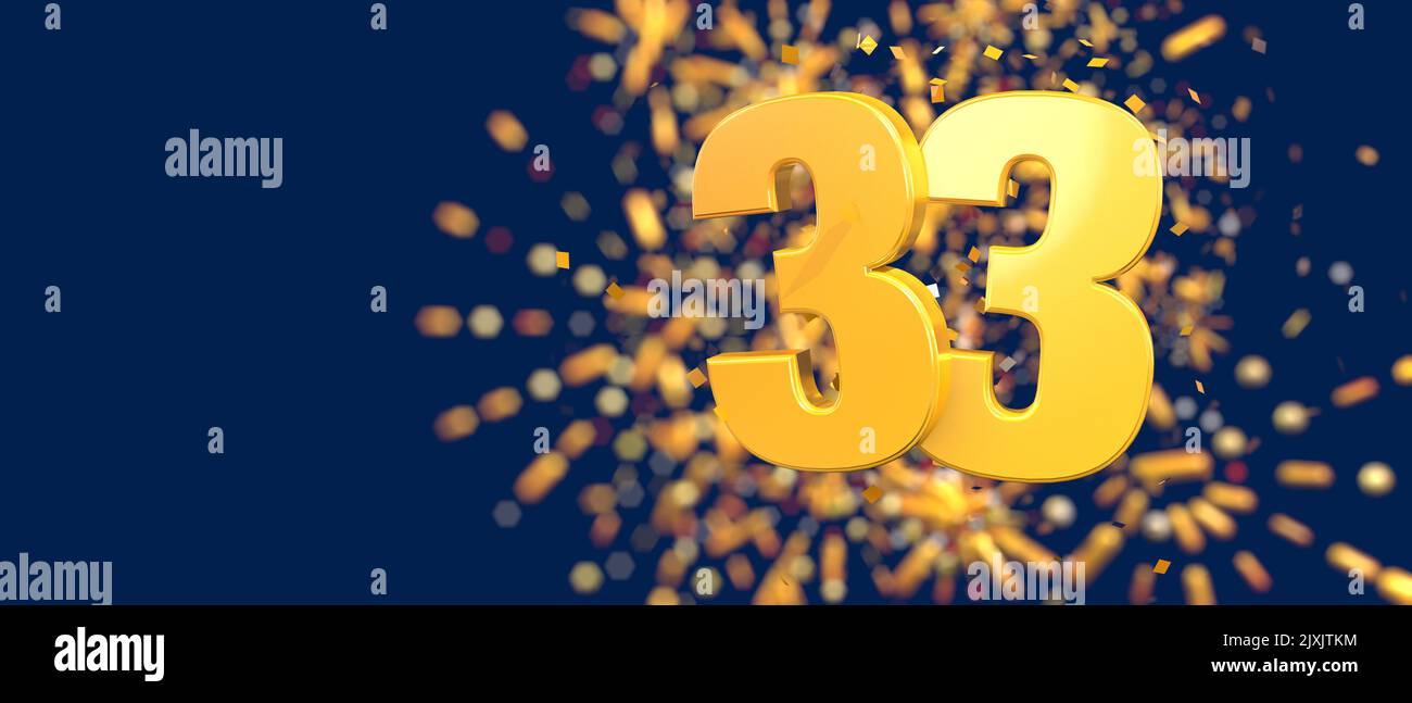 Gold number 33 in the foreground with gold confetti falling and ...