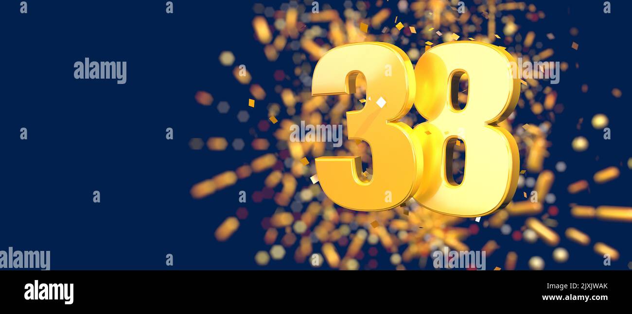 Gold number 38 in the foreground with gold confetti falling and ...