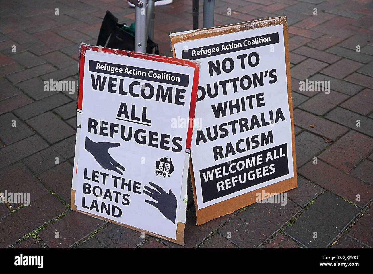 Placards are seen during the 'No to Dutton's White Australia Racism ...