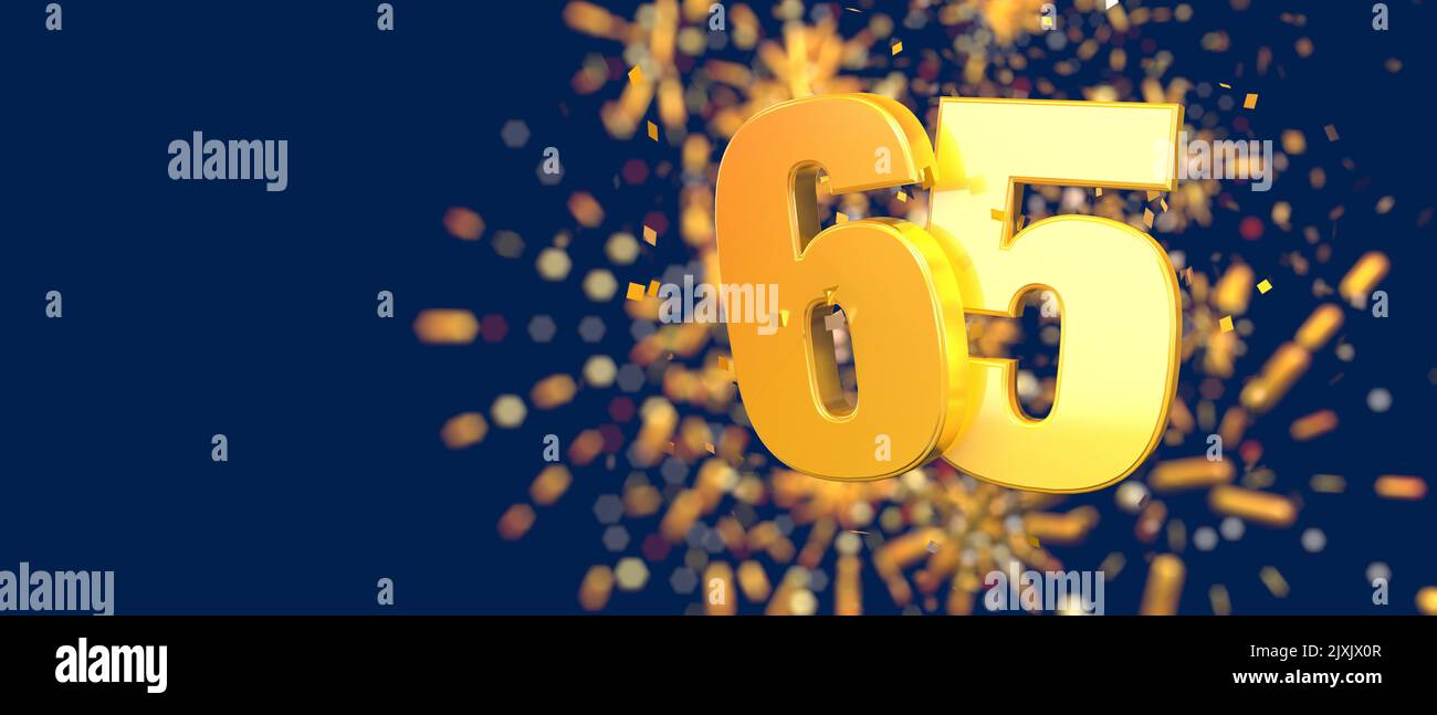Gold number 65 in the foreground with gold confetti falling and ...