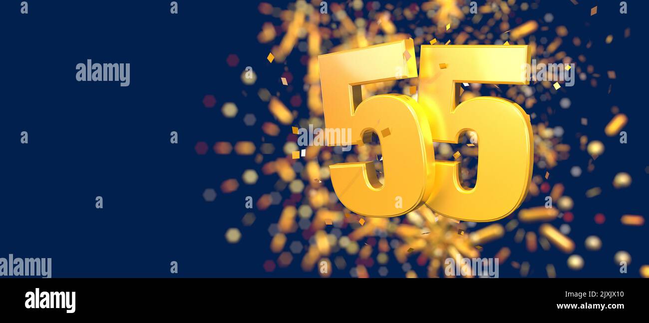 Gold number 55 in the foreground with gold confetti falling and ...