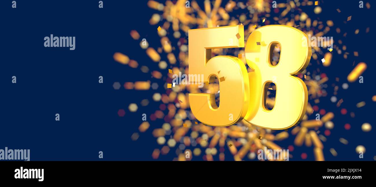 Gold number 58 in the foreground with gold confetti falling and ...