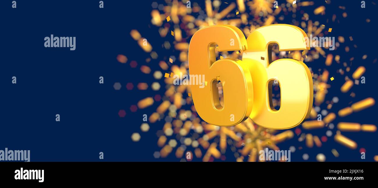 Gold number 66 in the foreground with gold confetti falling and ...