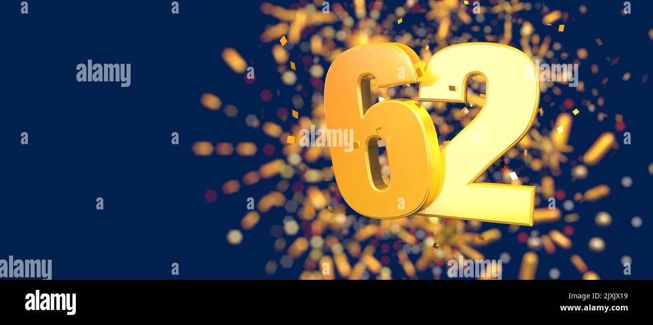 Gold number 62 in the foreground with gold confetti falling and ...