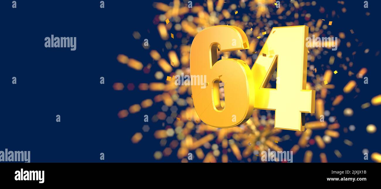 Gold number 64 in the foreground with gold confetti falling and ...