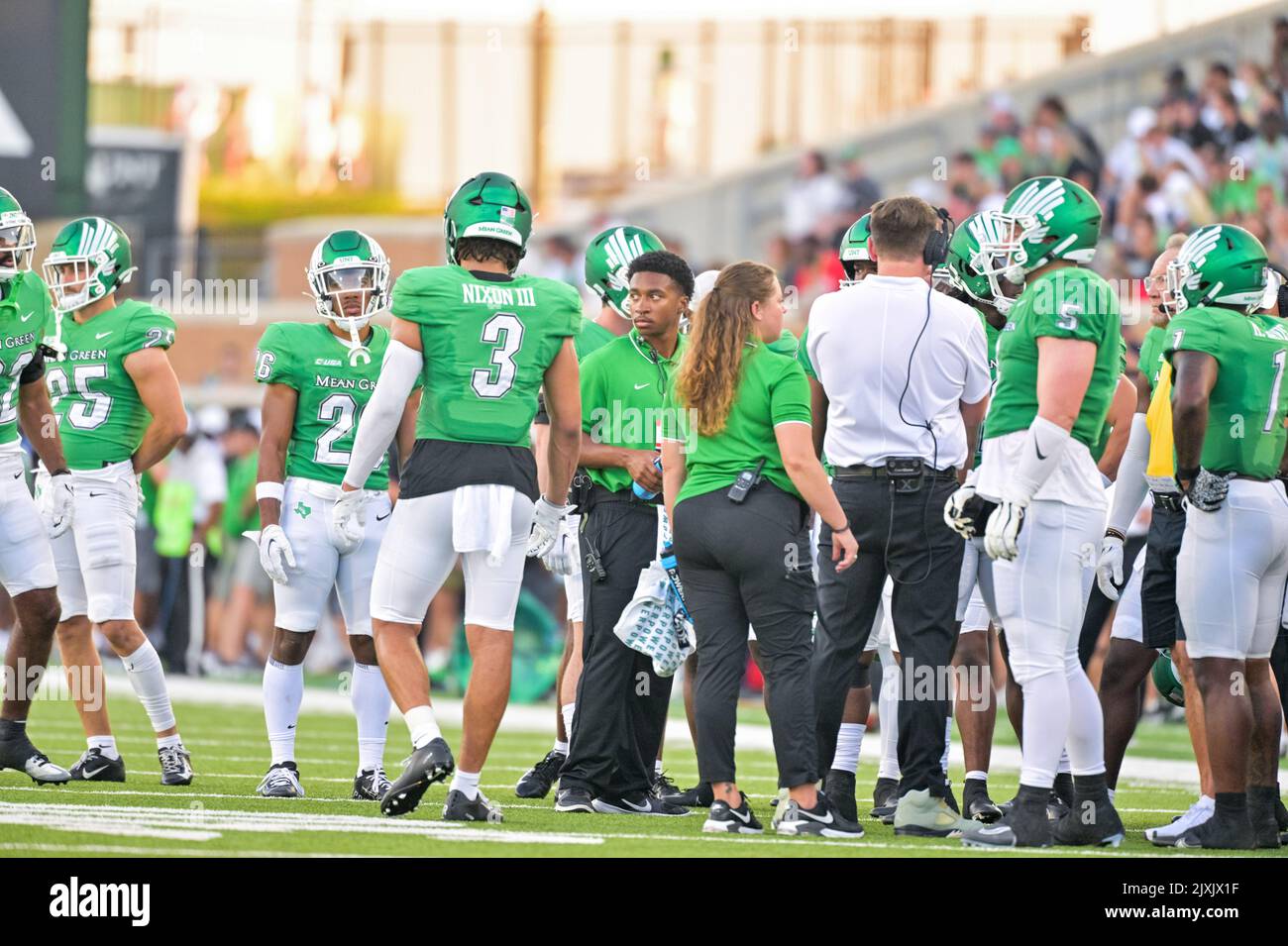 DENTON, TX - September 3rd: .North Texas bench In a game between North Texas Mean Green vs SMU ...