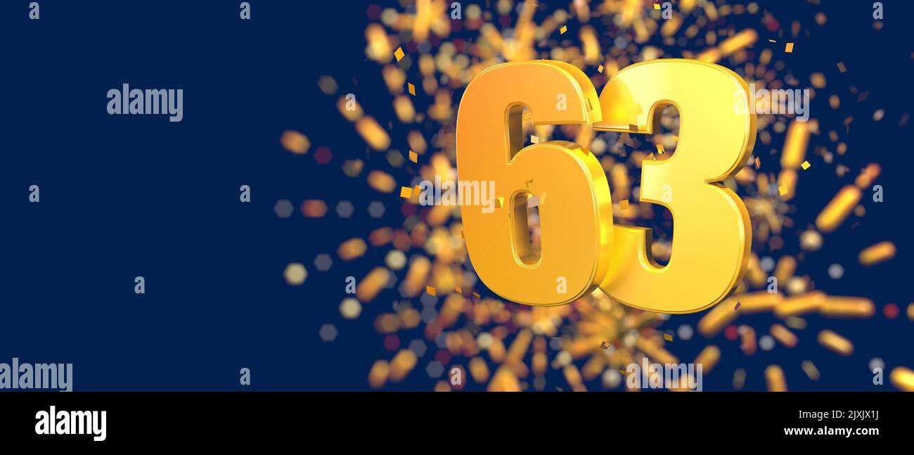 Gold number 63 in the foreground with gold confetti falling and fireworks behind out of focus ...