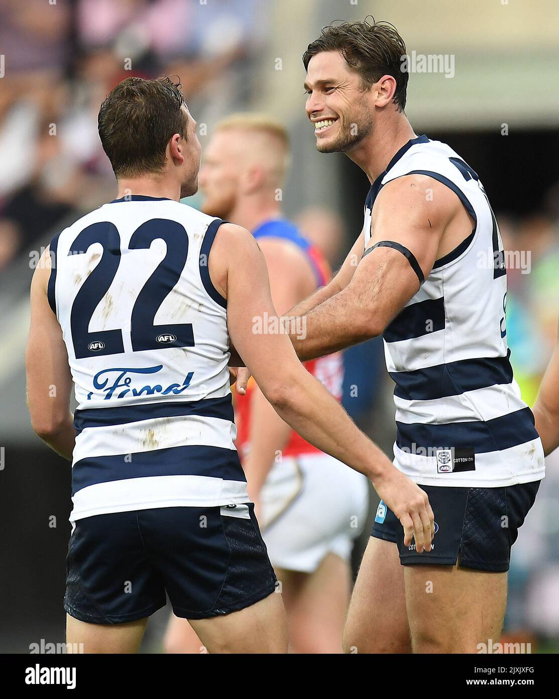 Tom Hawkins (right) and Mitch Duncan of the Cats react after Hawkins ...