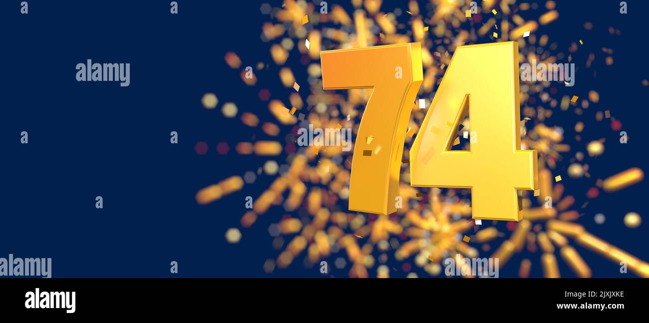 Gold number 74 in the foreground with gold confetti falling and ...
