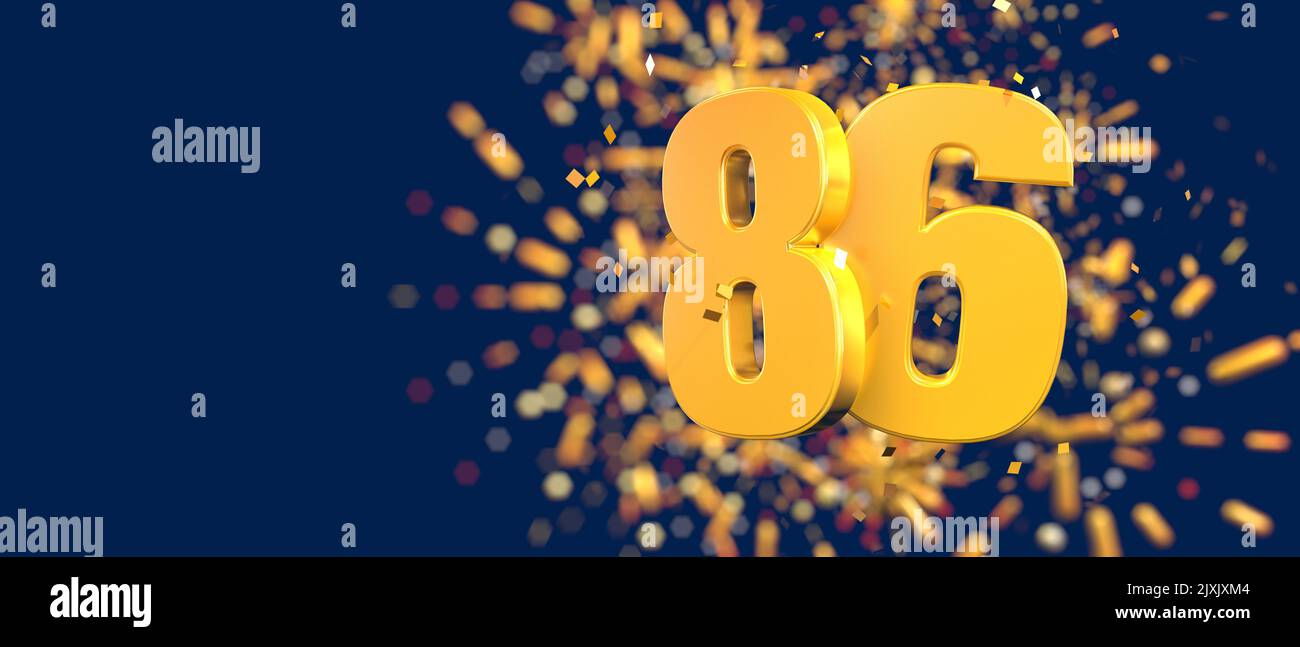 Gold number 86 in the foreground with gold confetti falling and ...