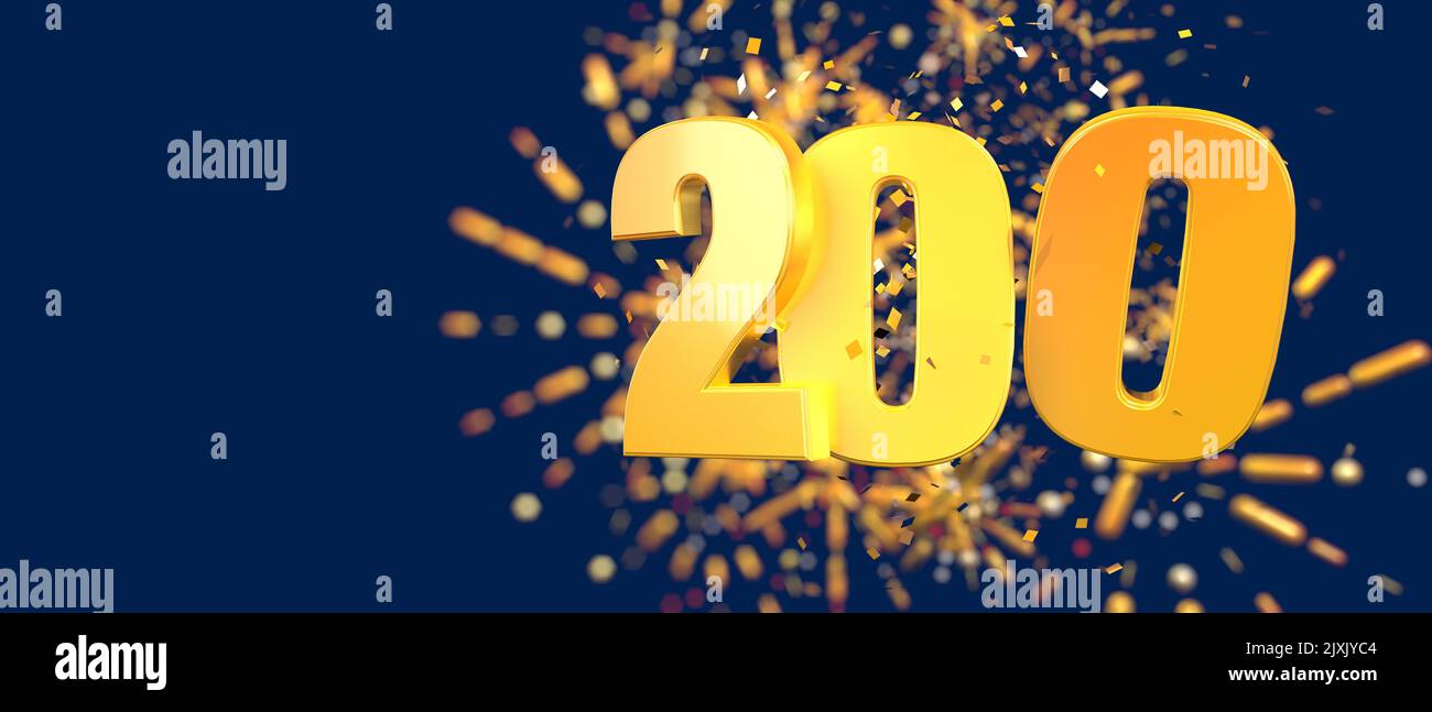 Gold number 200 in the foreground with gold confetti falling and ...