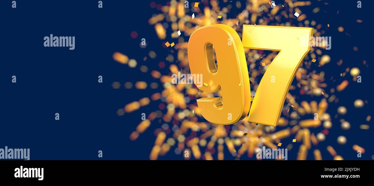 Gold number 97 in the foreground with gold confetti falling and ...